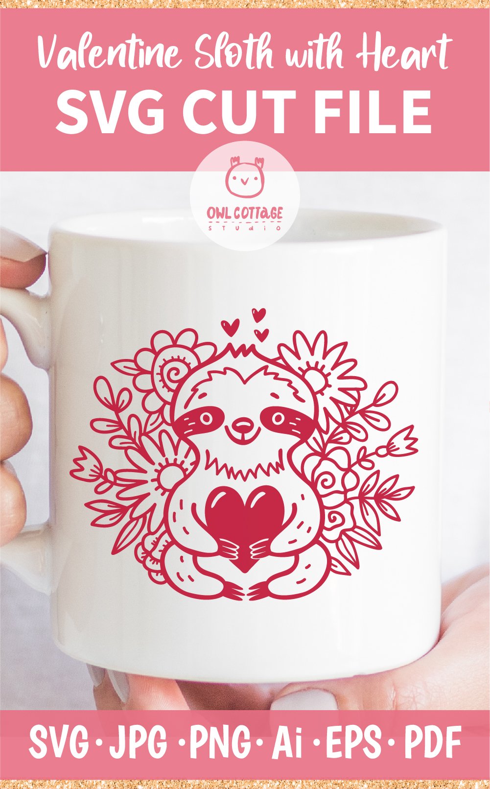 Valentine Baby Sloth with Heart and Flowers SVG Cut File