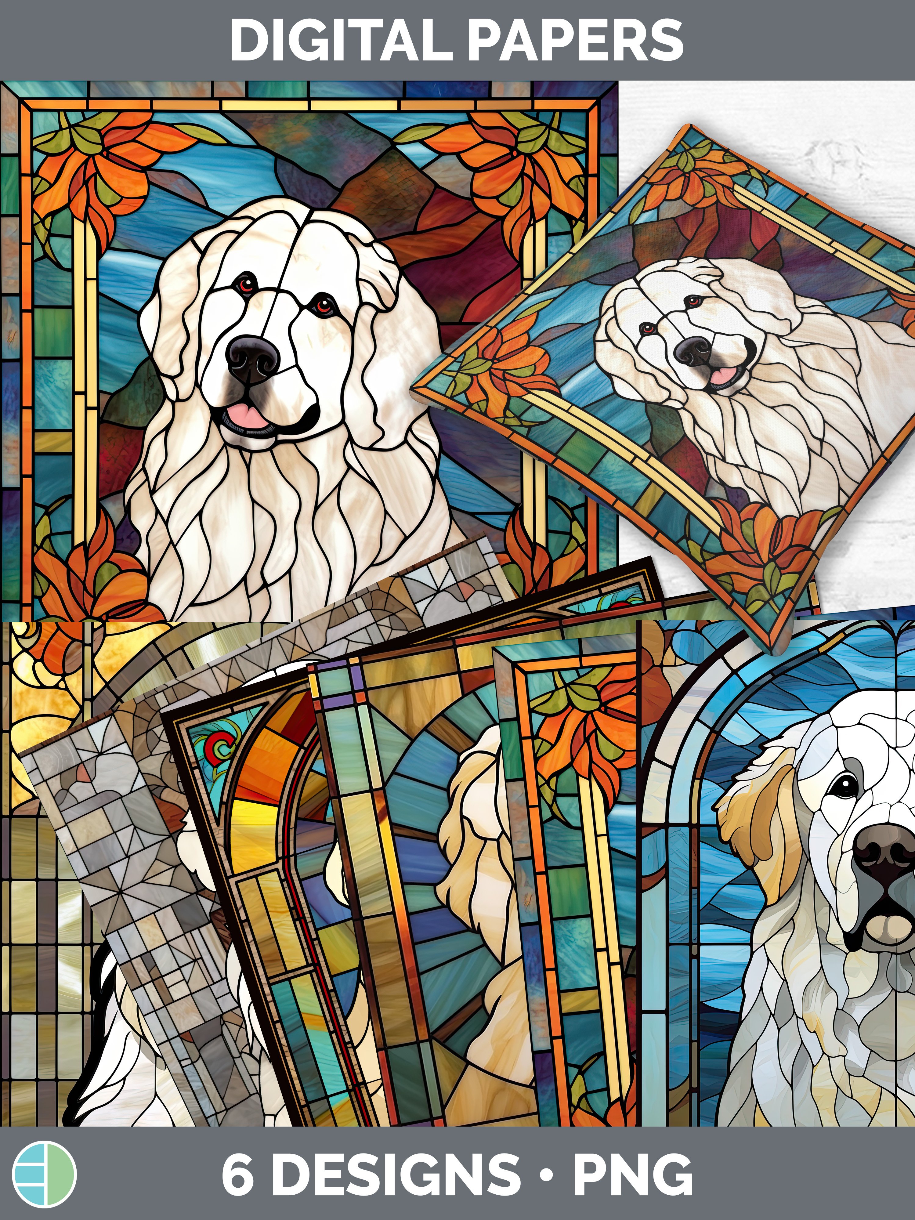 Stained Glass Great Pyrenees Dog Paper Backgrounds | Digital