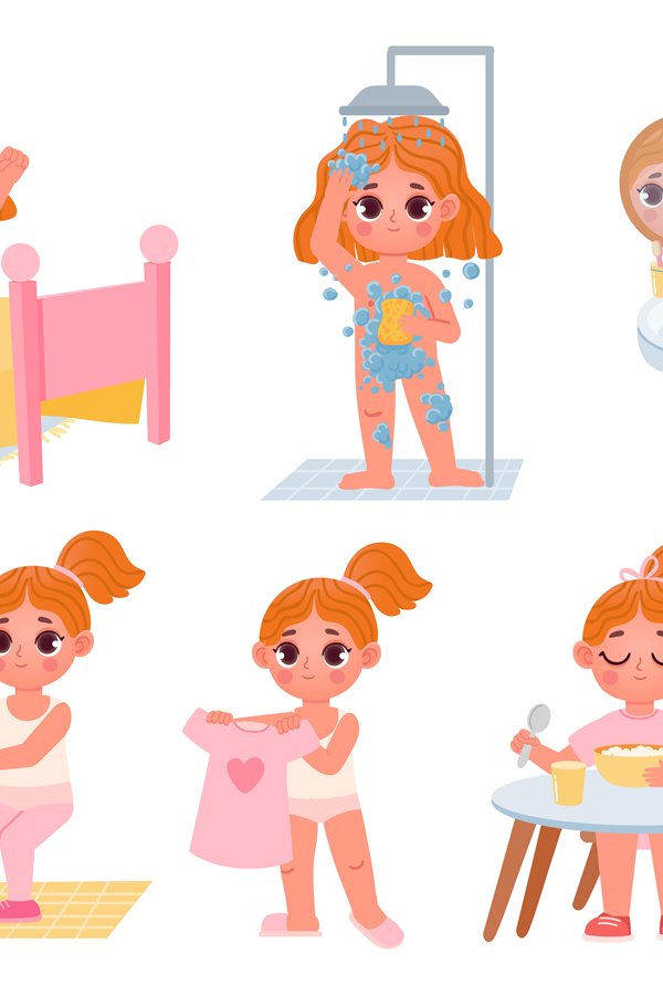 Cartoon little kid girl home daily routine. Cute child dress