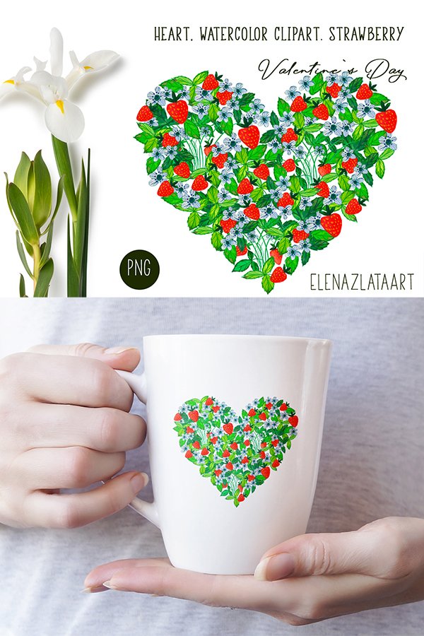 Heart, flower watercolor clipart. Valentines Day (1785019)