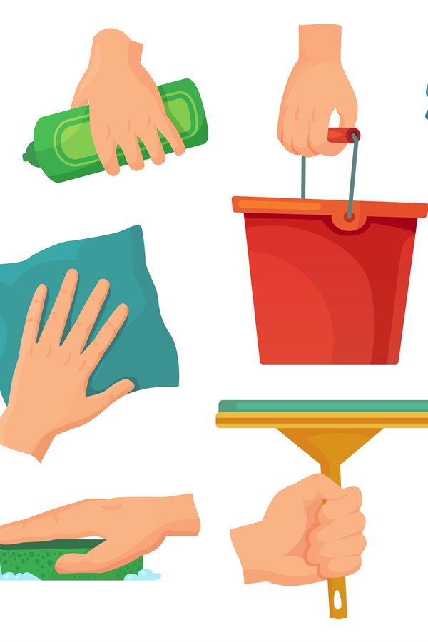 Cleaning products in hands. Hand hold detergent, housework s