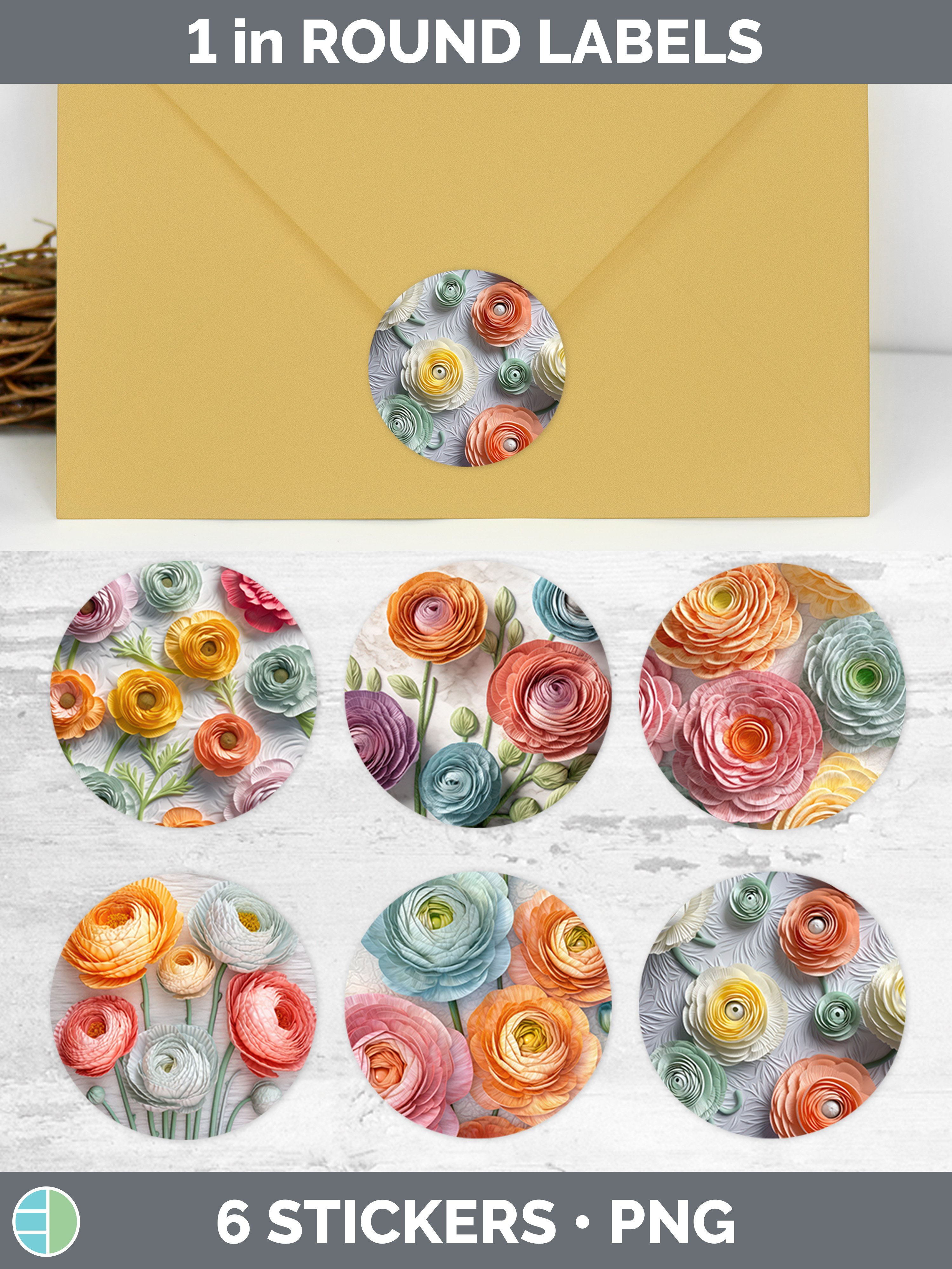 3D Ranunculus Flowers Stickers | Round Labels Designs Bundle