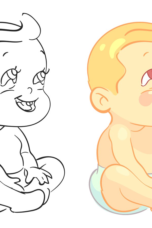 Cartoon baby coloring page with colorfull sample