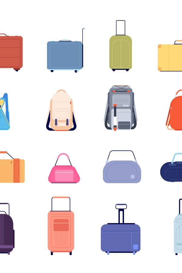 Travel luggage. Vacation suitcase, isolated backpack plastic