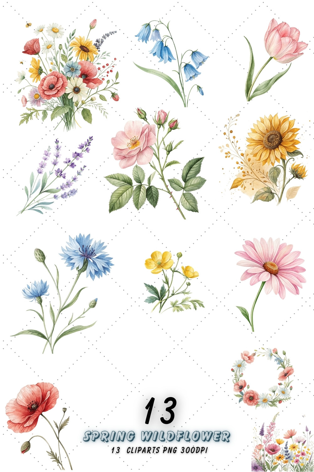 Spring Wildflower Sublimation Clipart Bundle, Watercolor PNG