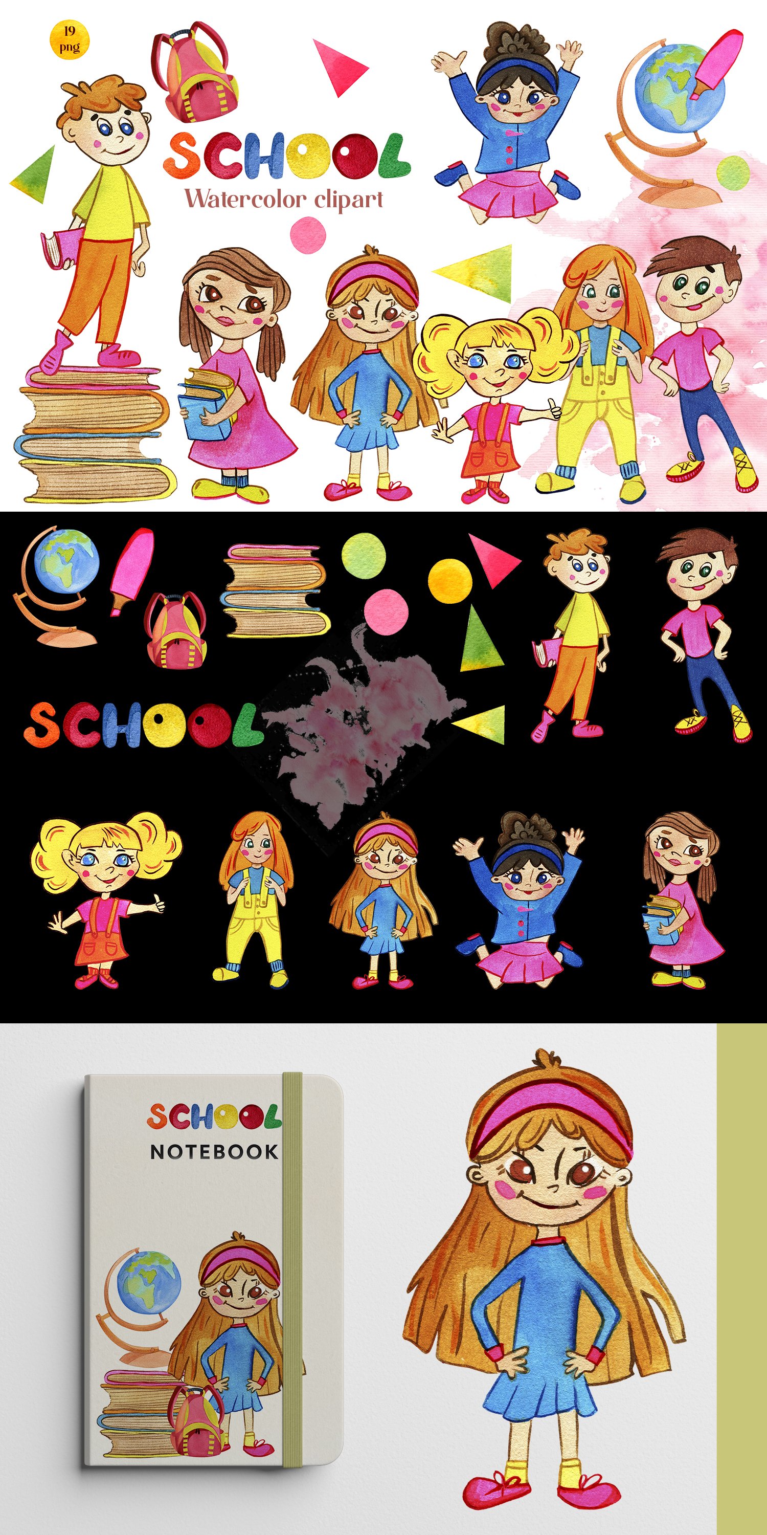 Watercolor back to school clipart. Children boys and girls