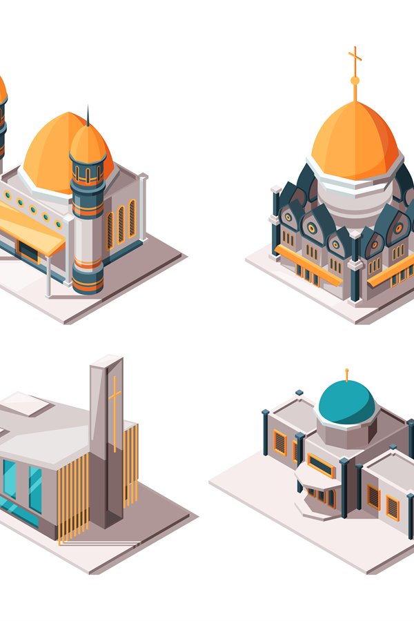 Religion buildings. Muslim mosque lutheran church christian