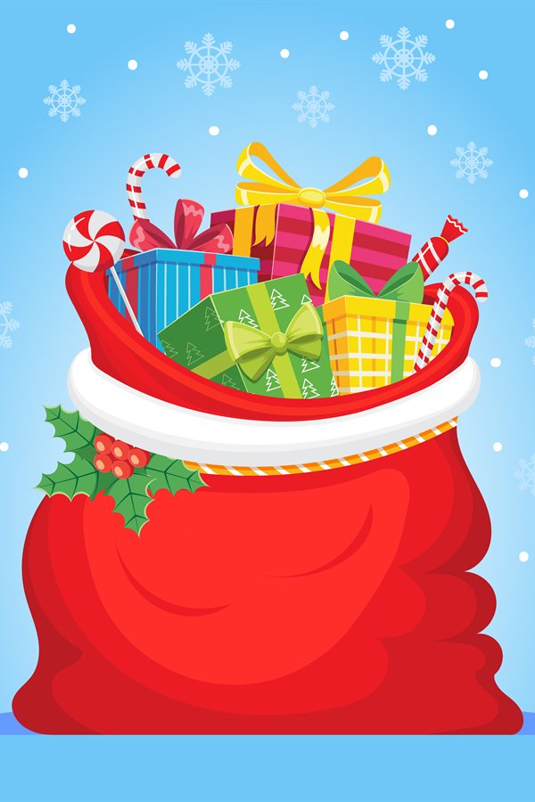 Santa Claus gifts in bag. Christmas presents sack, pile of s