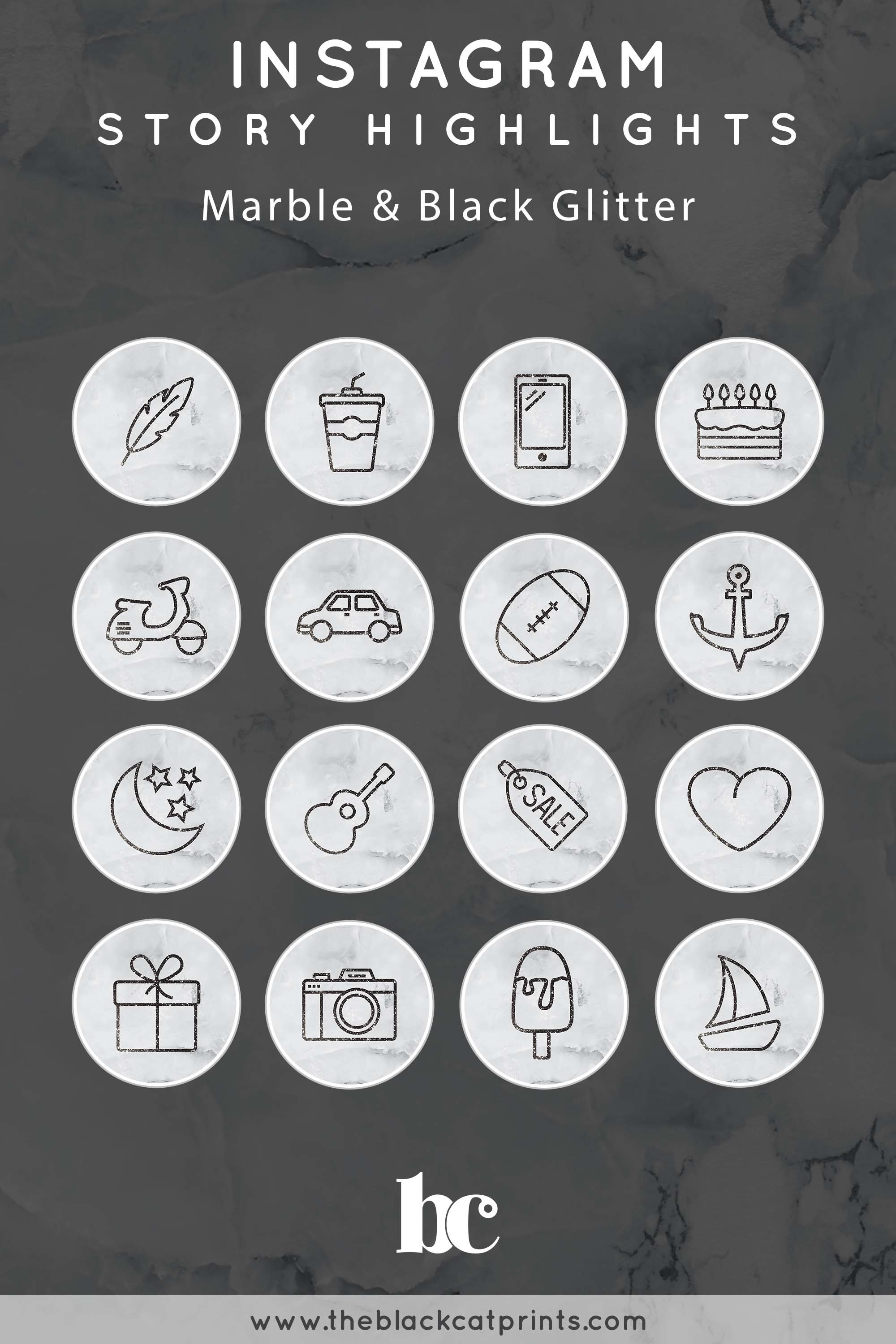 Marble & Black Glitter Instagram highlights | Story Covers