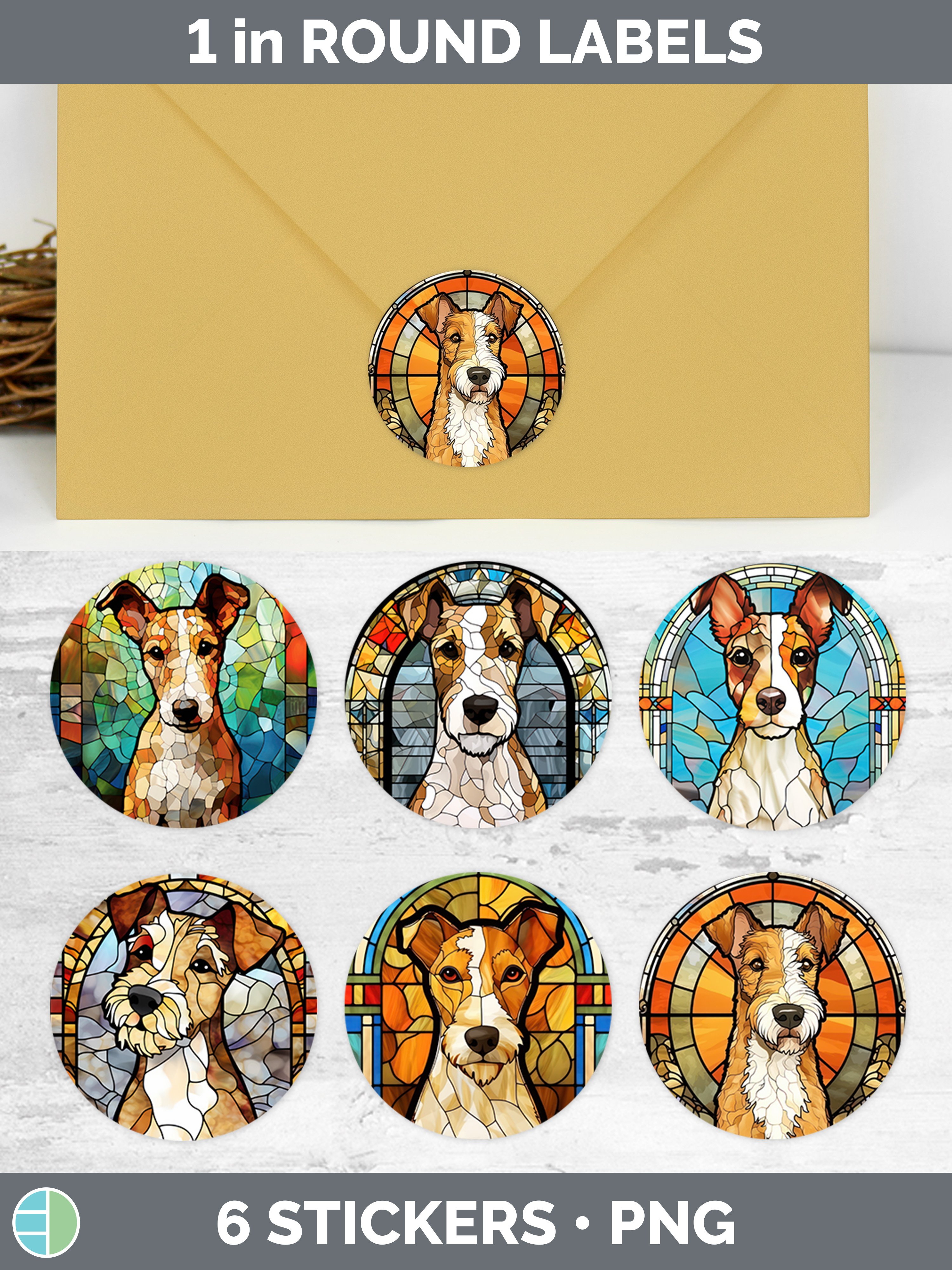 Stained Glass Fox Terrier Dog Stickers | Round Labels Design