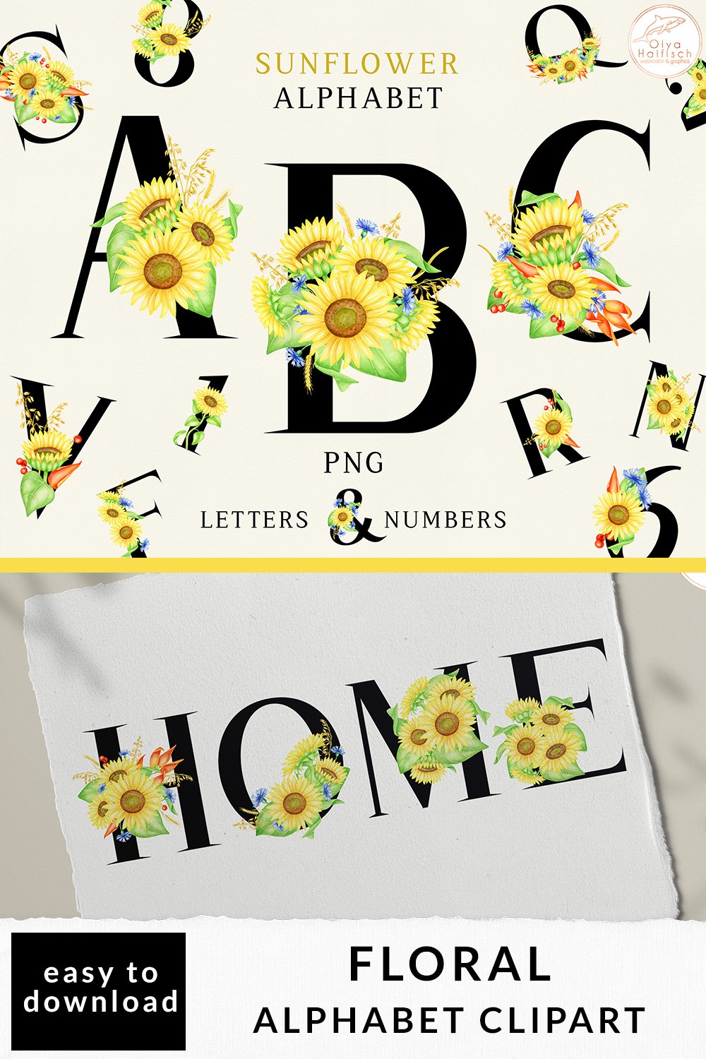 Watercolor Sunflower Alphabet Clipart. Floral Monogram PNG