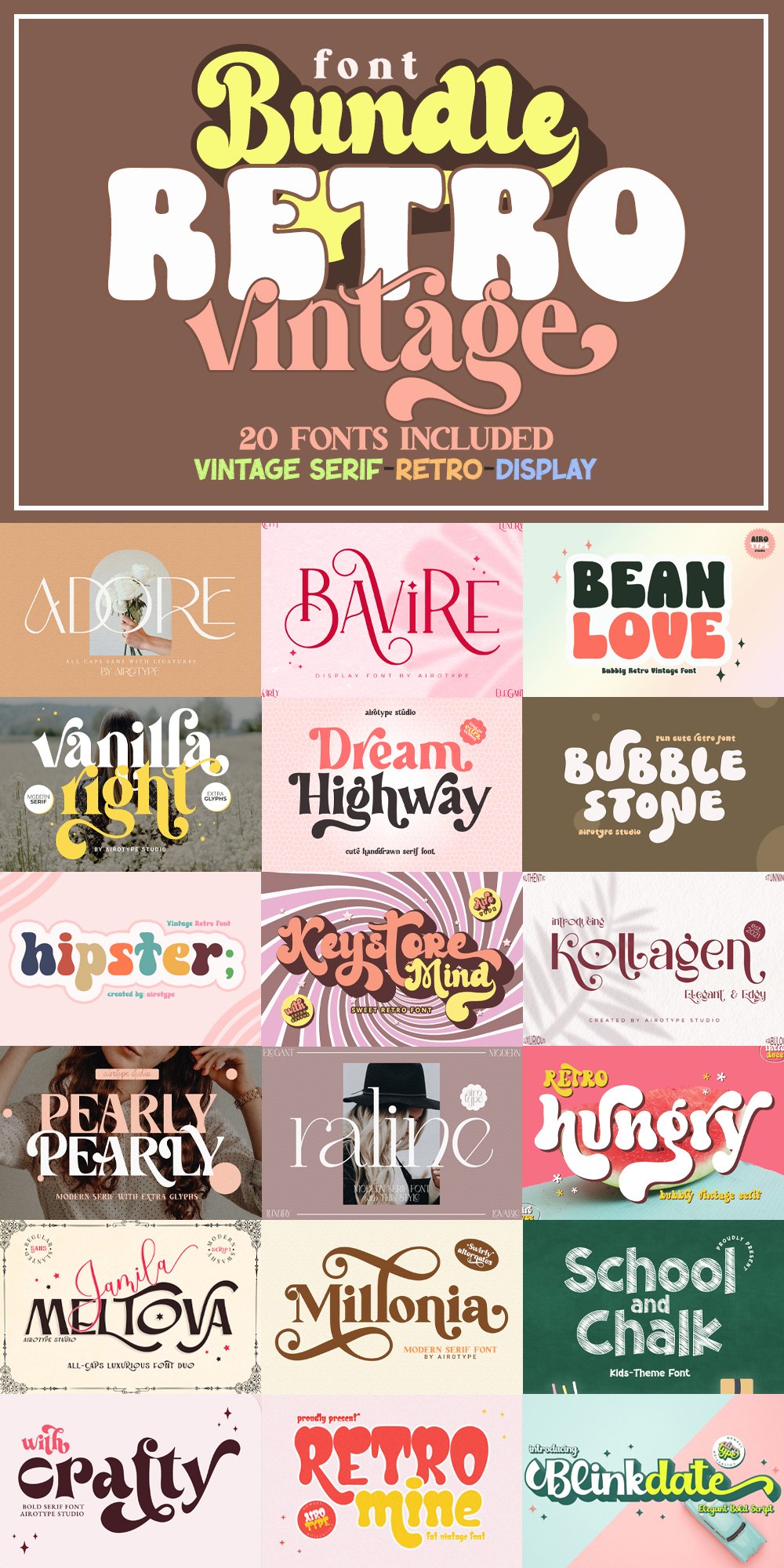 Retro Font Bundle - 20 Vintage Fonts