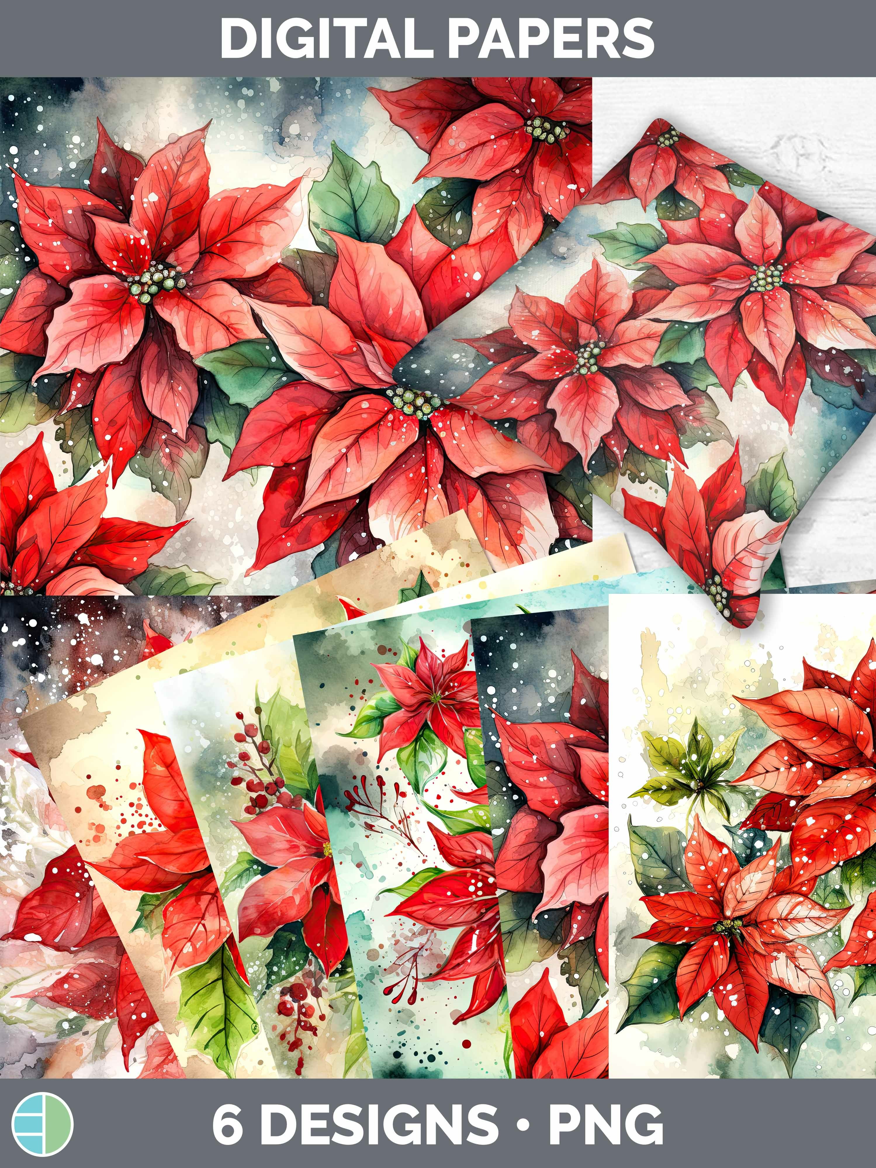 Christmas Poinsettia Paper Backgrounds | Bundle Digital Scra