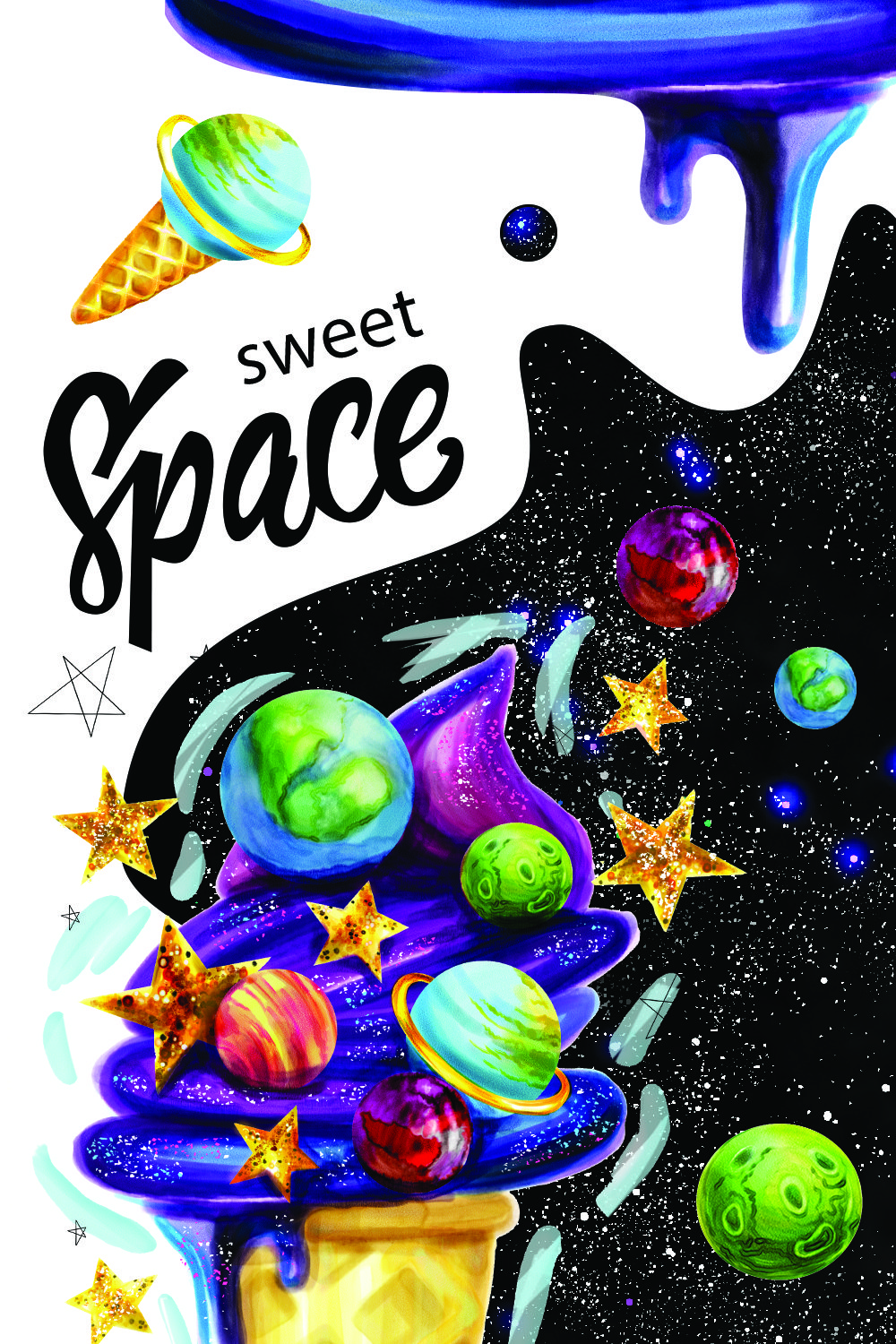 Space-style ice cream with planets and stars.