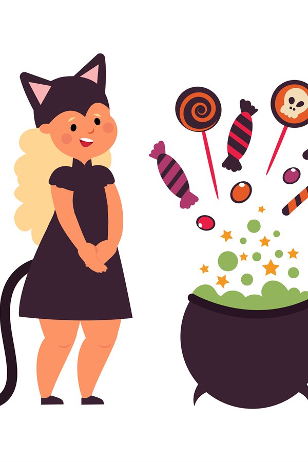 Halloween magic witch cauldron make sweets. Cute little girl