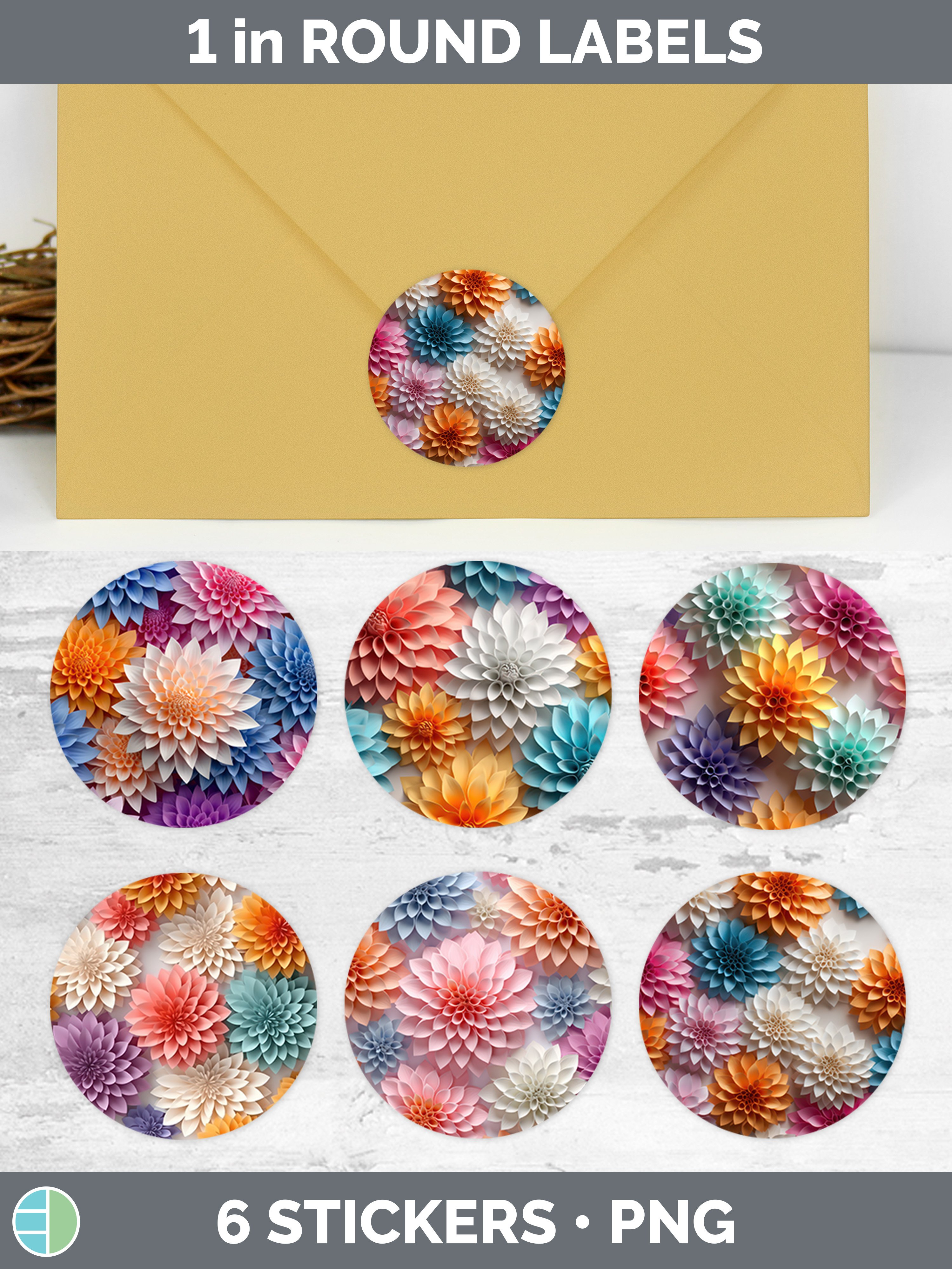 3D Paper Dahlia Flowers Stickers | Round Labels Designs Bund