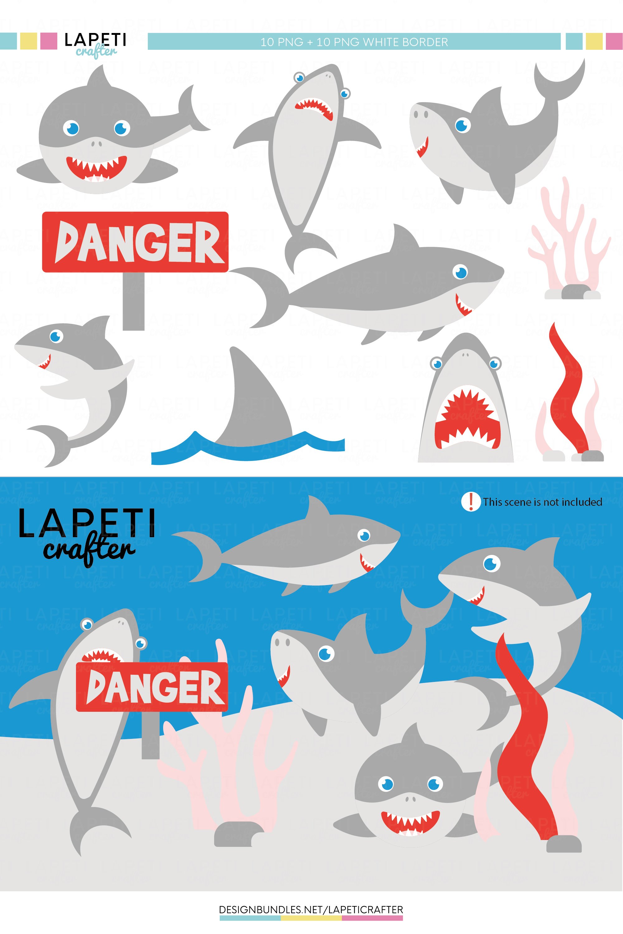 Shark clipart set | 10 png files with transparent background