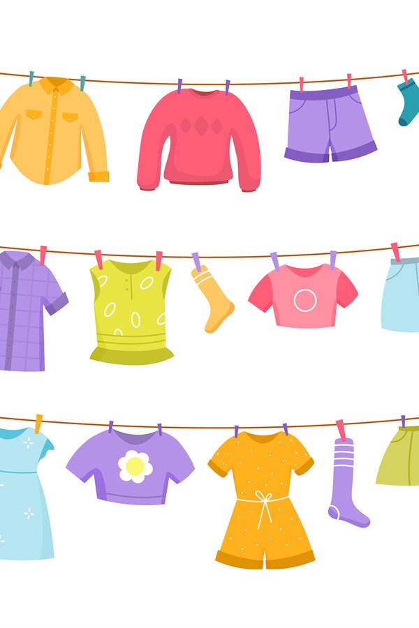 Kids clothes rope. Childish color dresses, sweaters, trouser