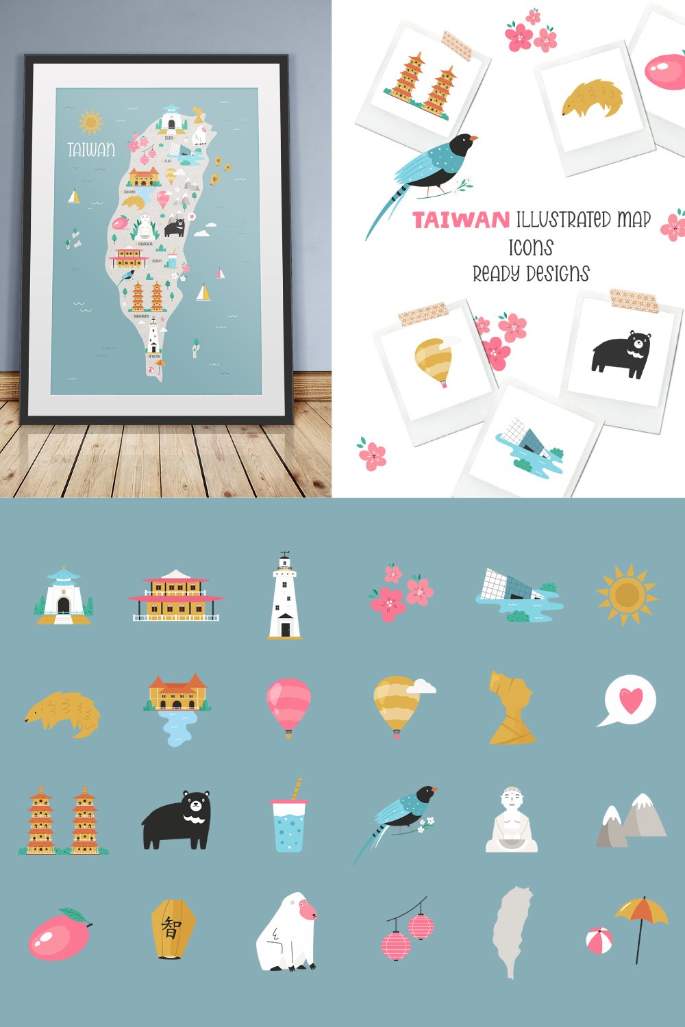 Taiwan illustrative map / Frame art design, poster, card