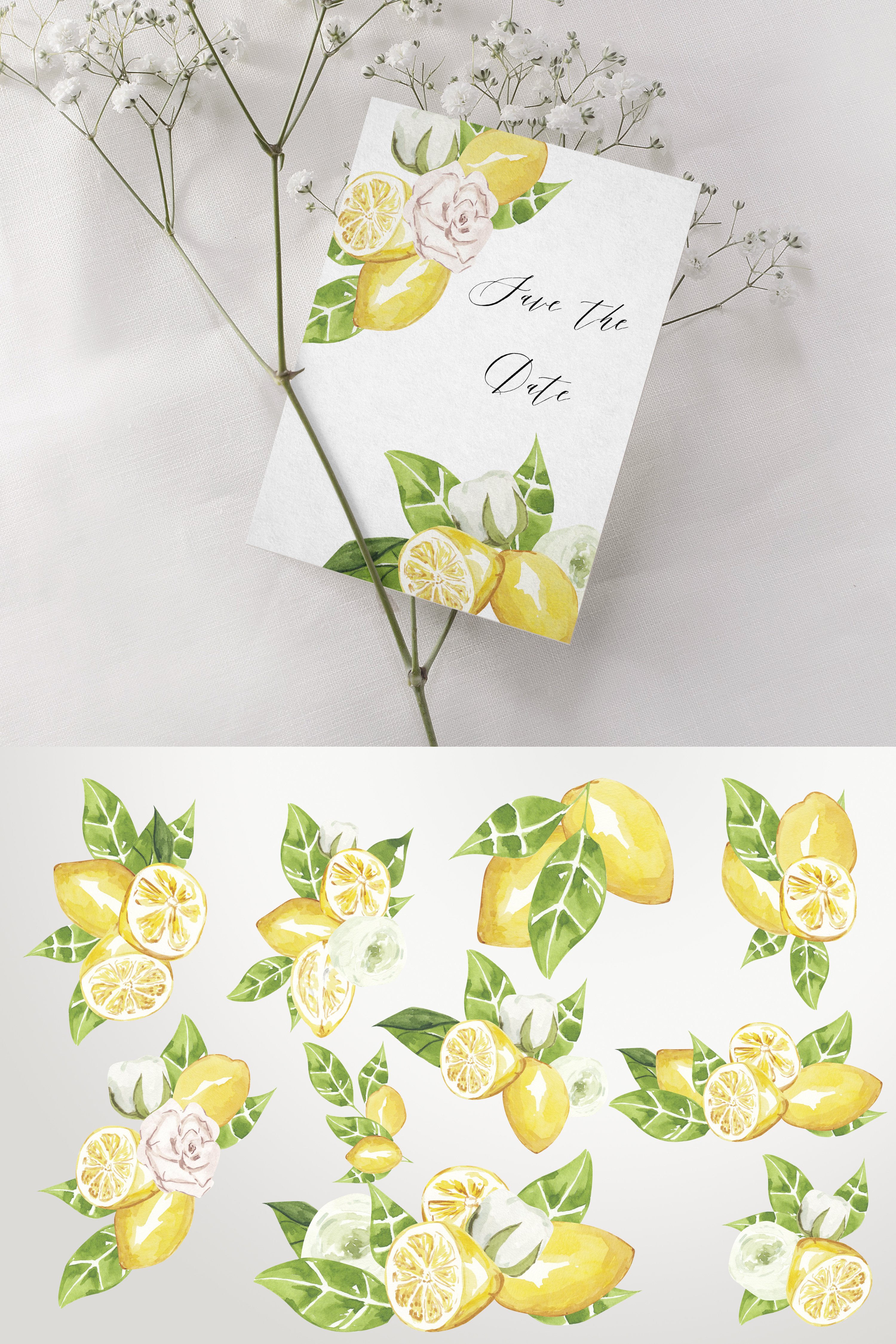 Lemon clipart, watercolor lemon bouquet