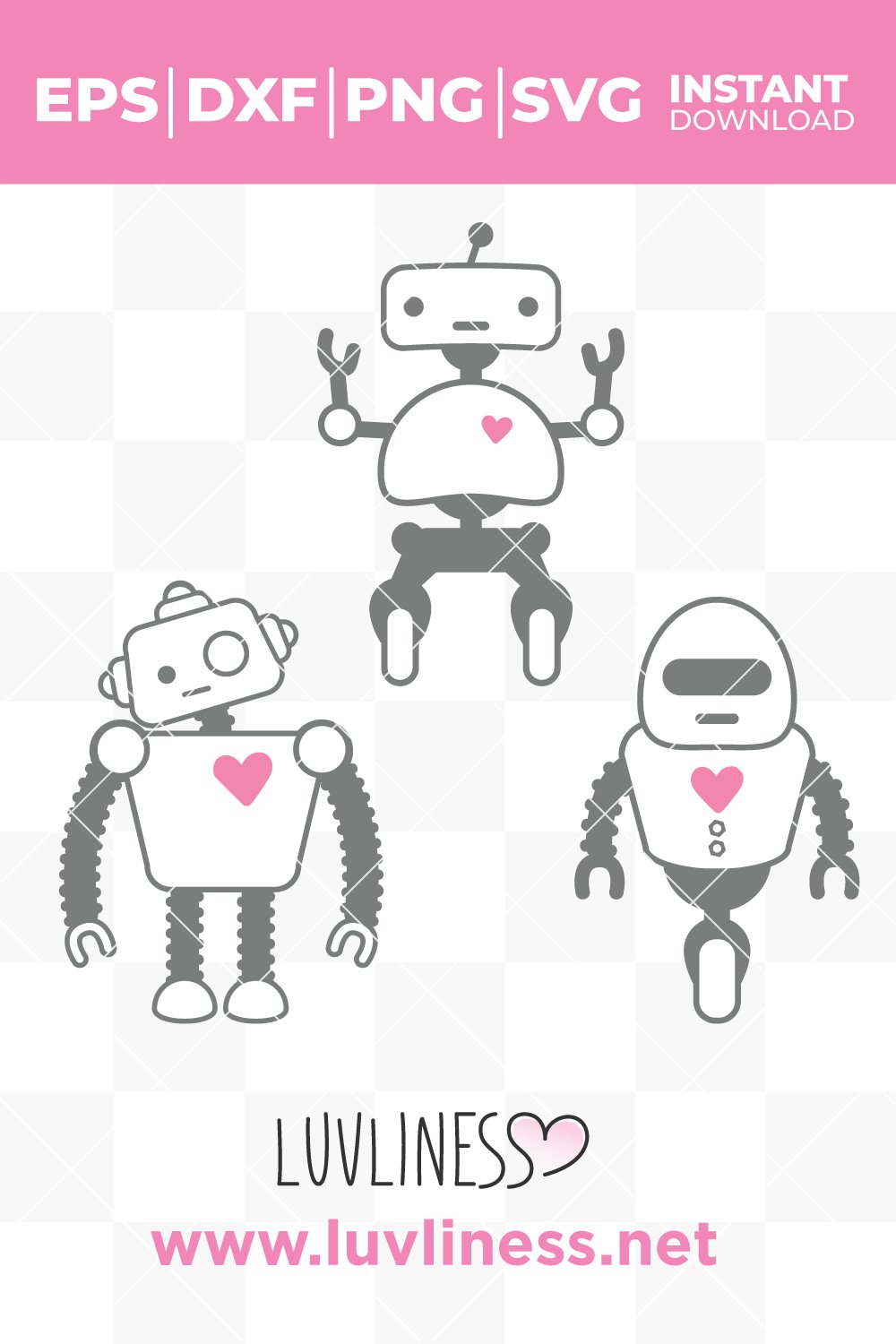 Valentine's Day Robots, Set of 3 Robots Cut Files & Clip Art