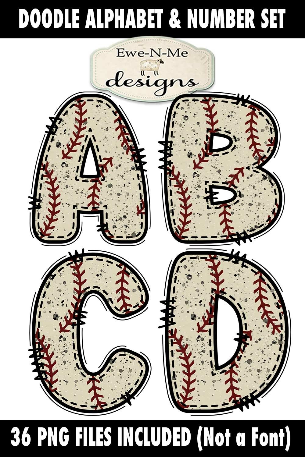 Grunge Baseball Doodle Alphabet & Numbers | PNG Files