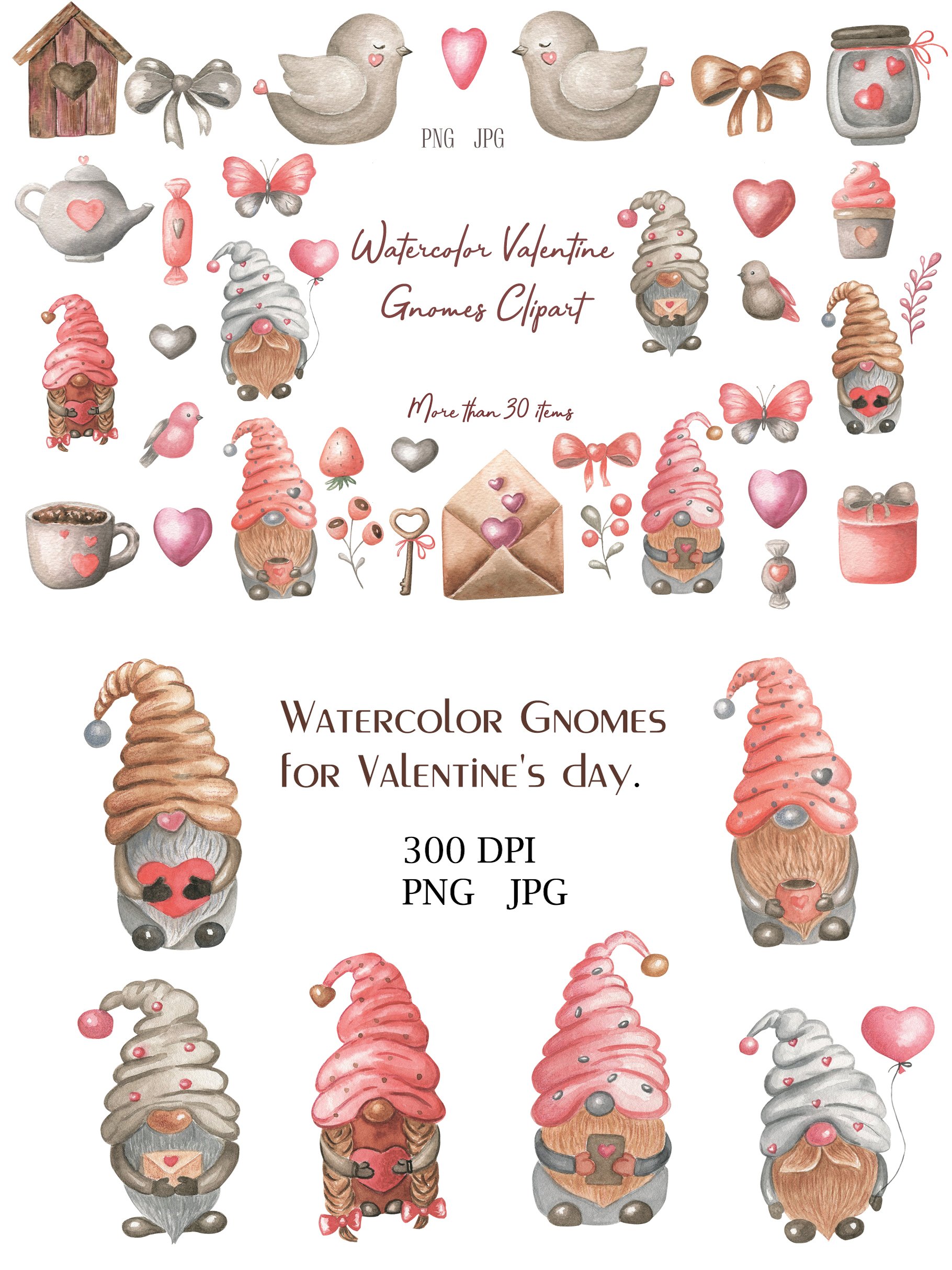 Watercolor Valentine Gnomes Clipart (2353335)