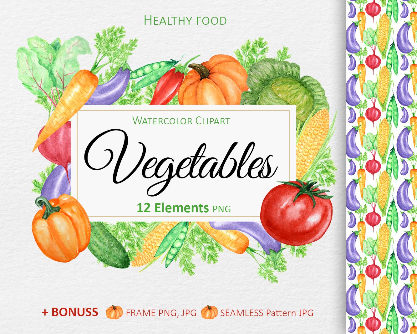 Vegetables watercolor clipart & pattern - Healthy Vegan Food