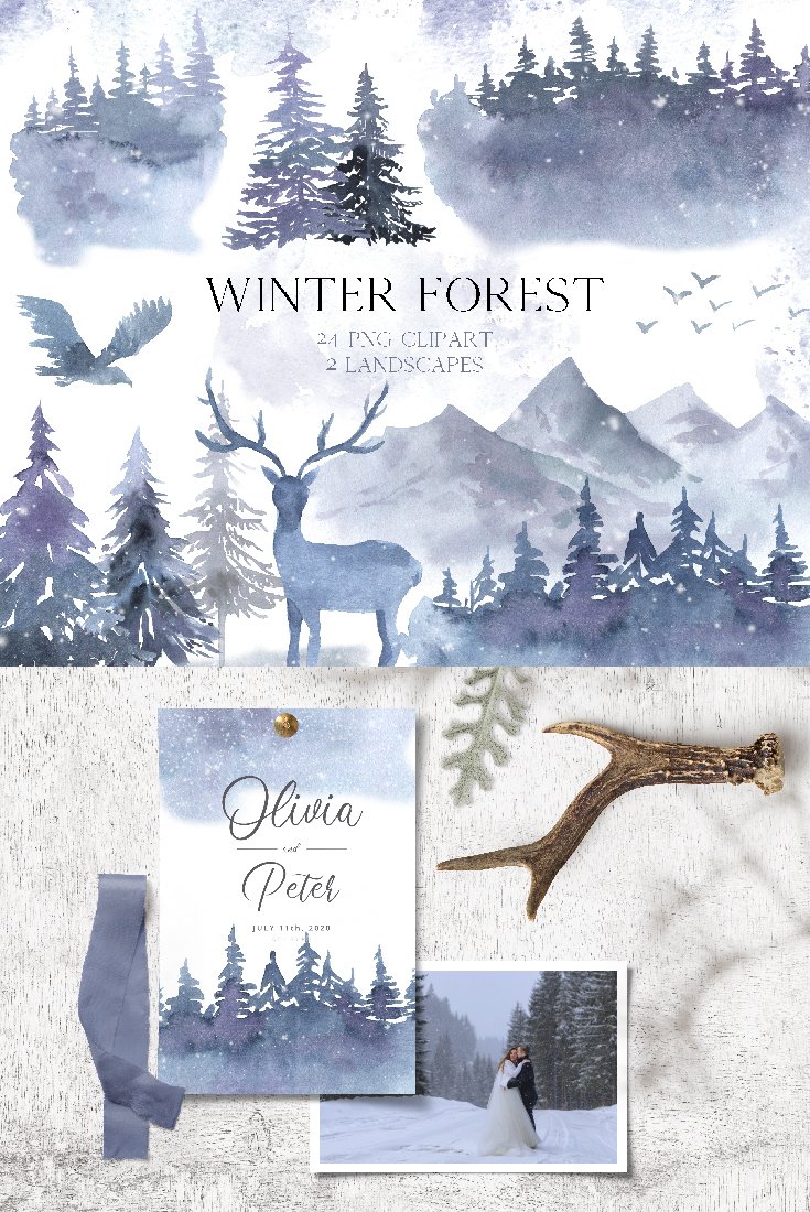 Watercolor Winter Forest Clipart Set (1132105)