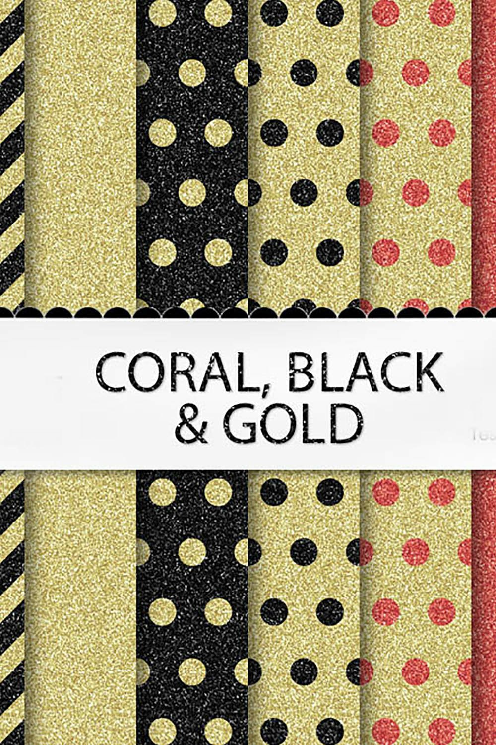 Coral, Black, Gold Glitter Digital Papers