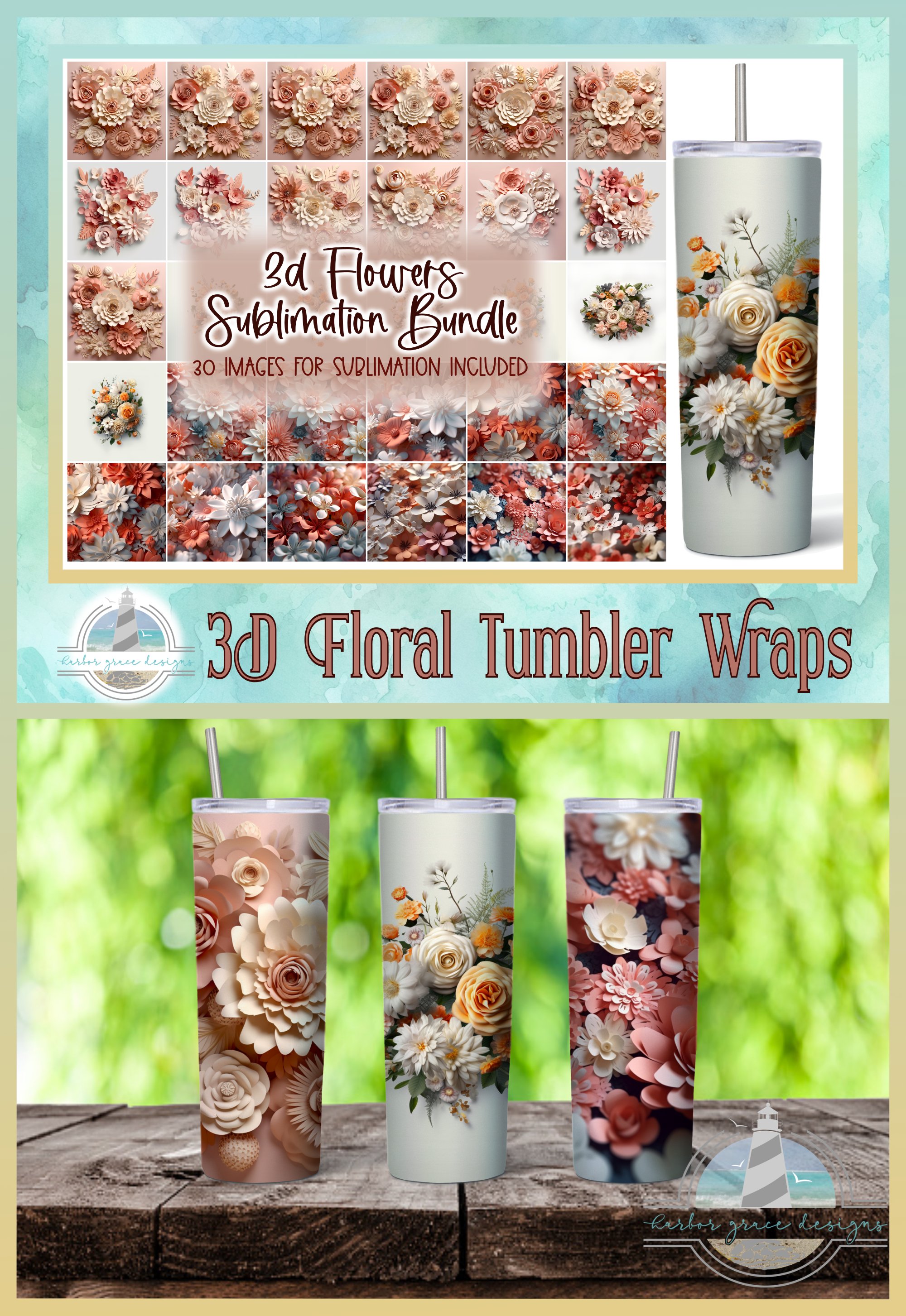 3D Flower Tumbler Wraps - 30 Floral PNG Images Sublimation