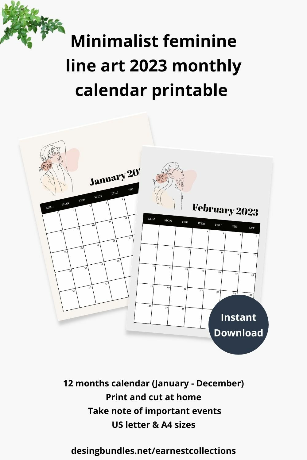 Minimalist 2023 monthly calendar printable pdf