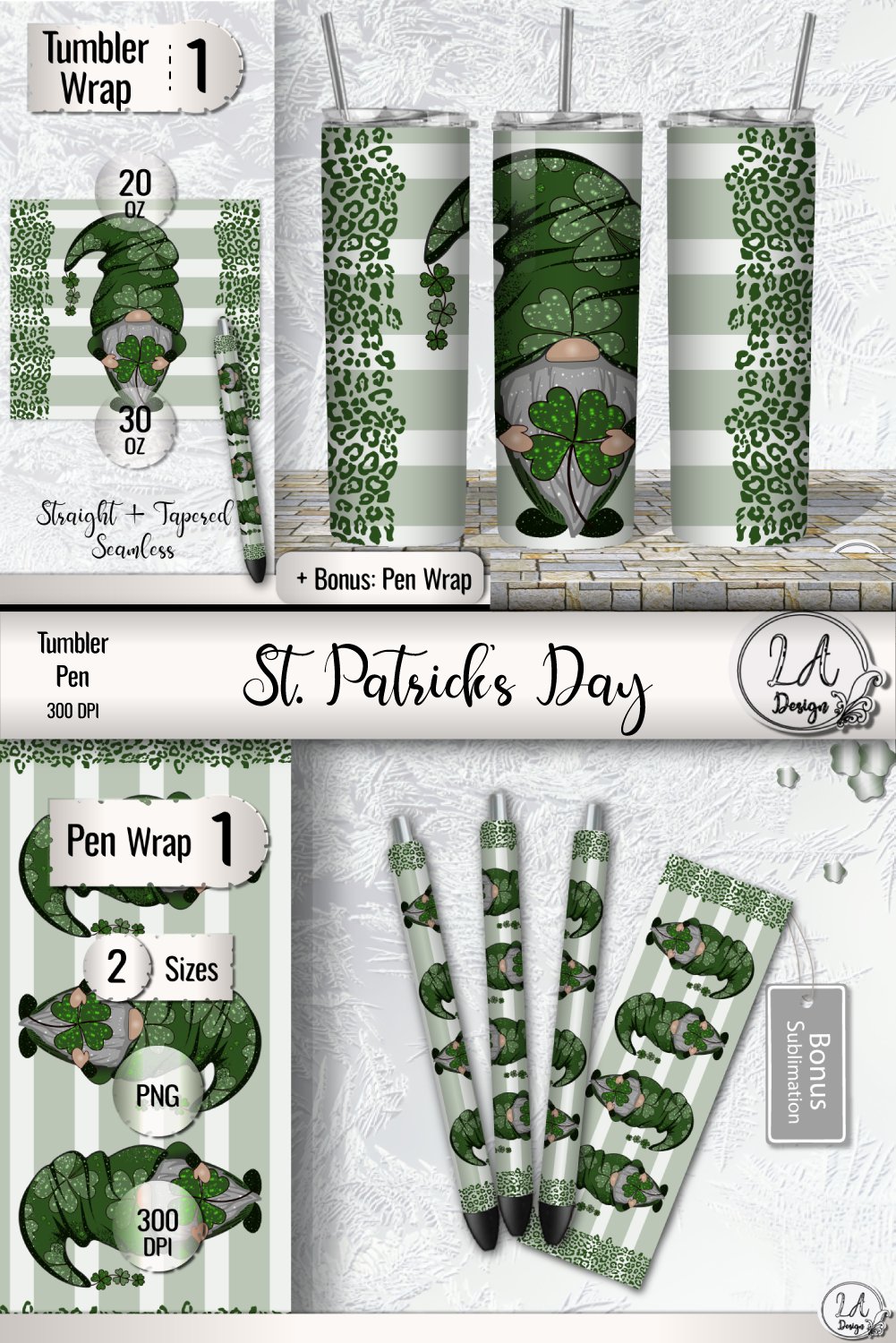 Patrick Gnome with Clover Tumbler Wrap - Leopard Borders