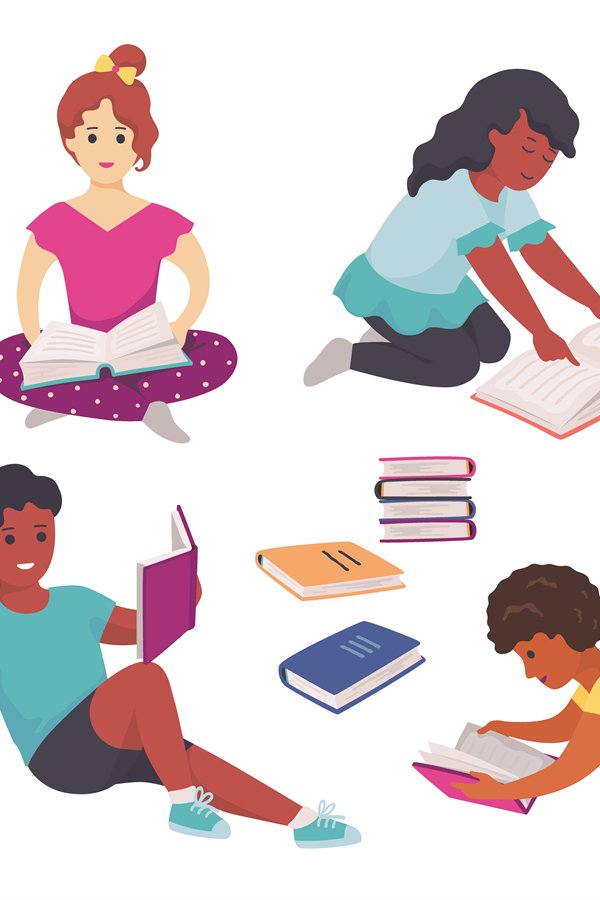 Reading children. Cartoon school kids characters standing an