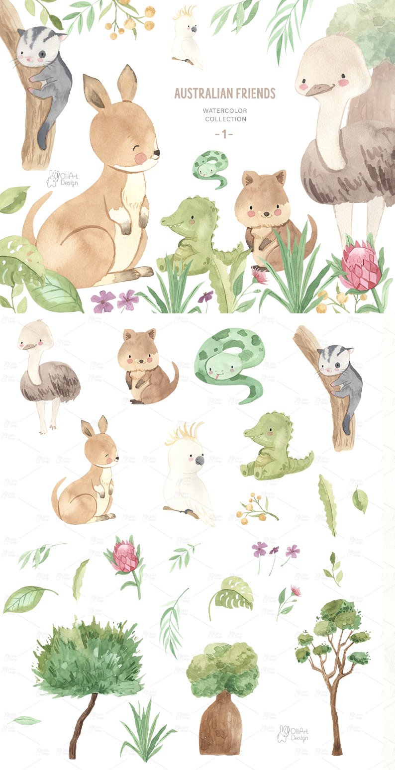 Australian animals clipart. Watercolor kangaroo, (1132024)