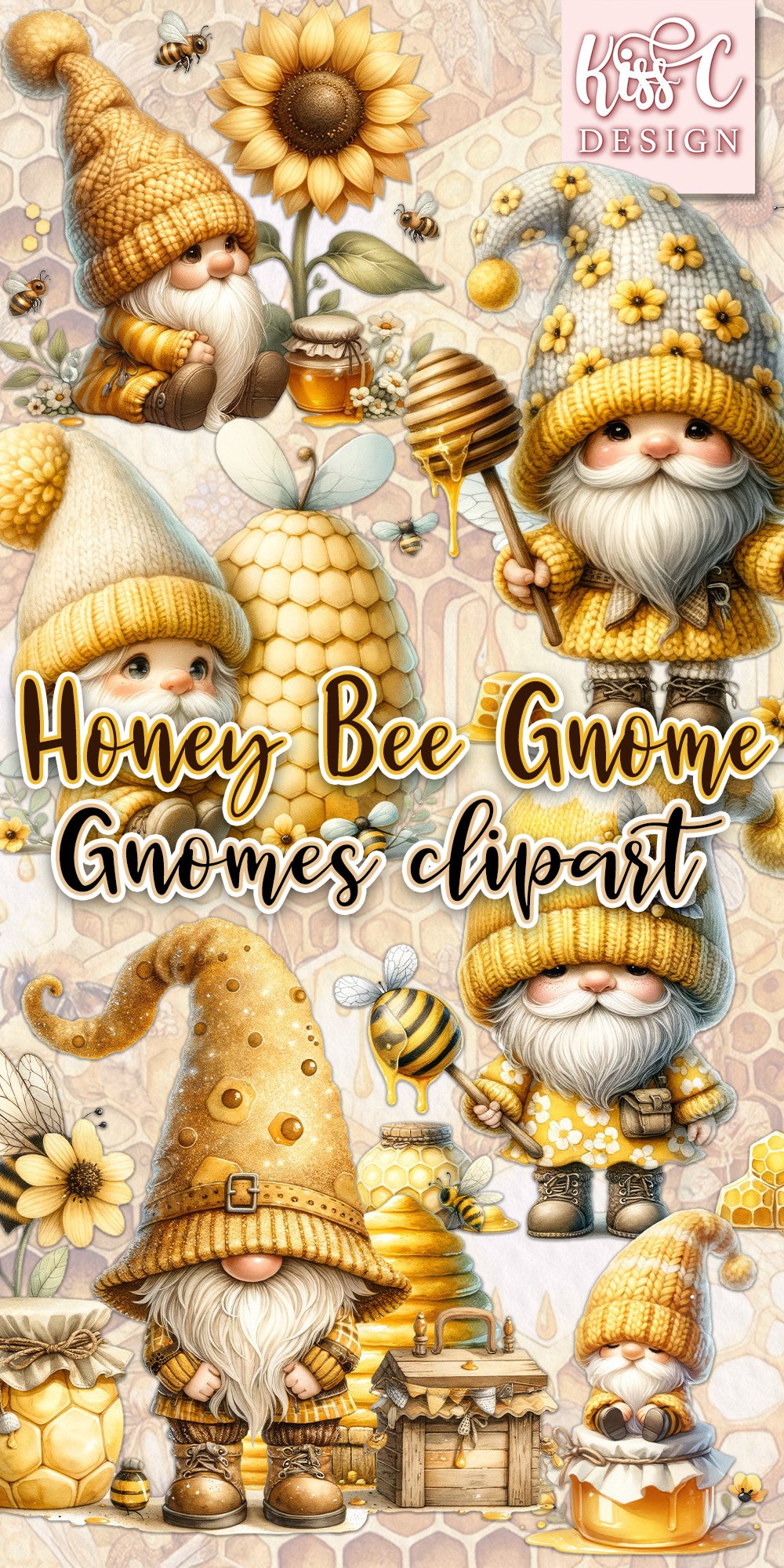 Watercolor Honey Bee Sunflowers Gnomes PNG Illustration