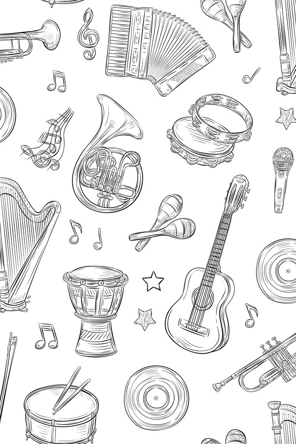 Music seamless pattern. Musical instruments doodles. Rock ro