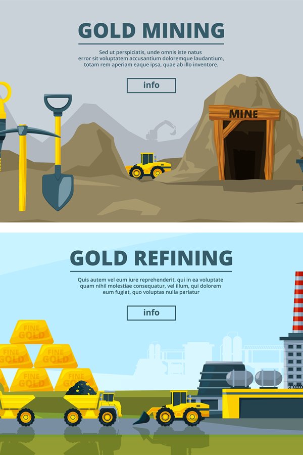 Vector banners set with illustrations of mining industry