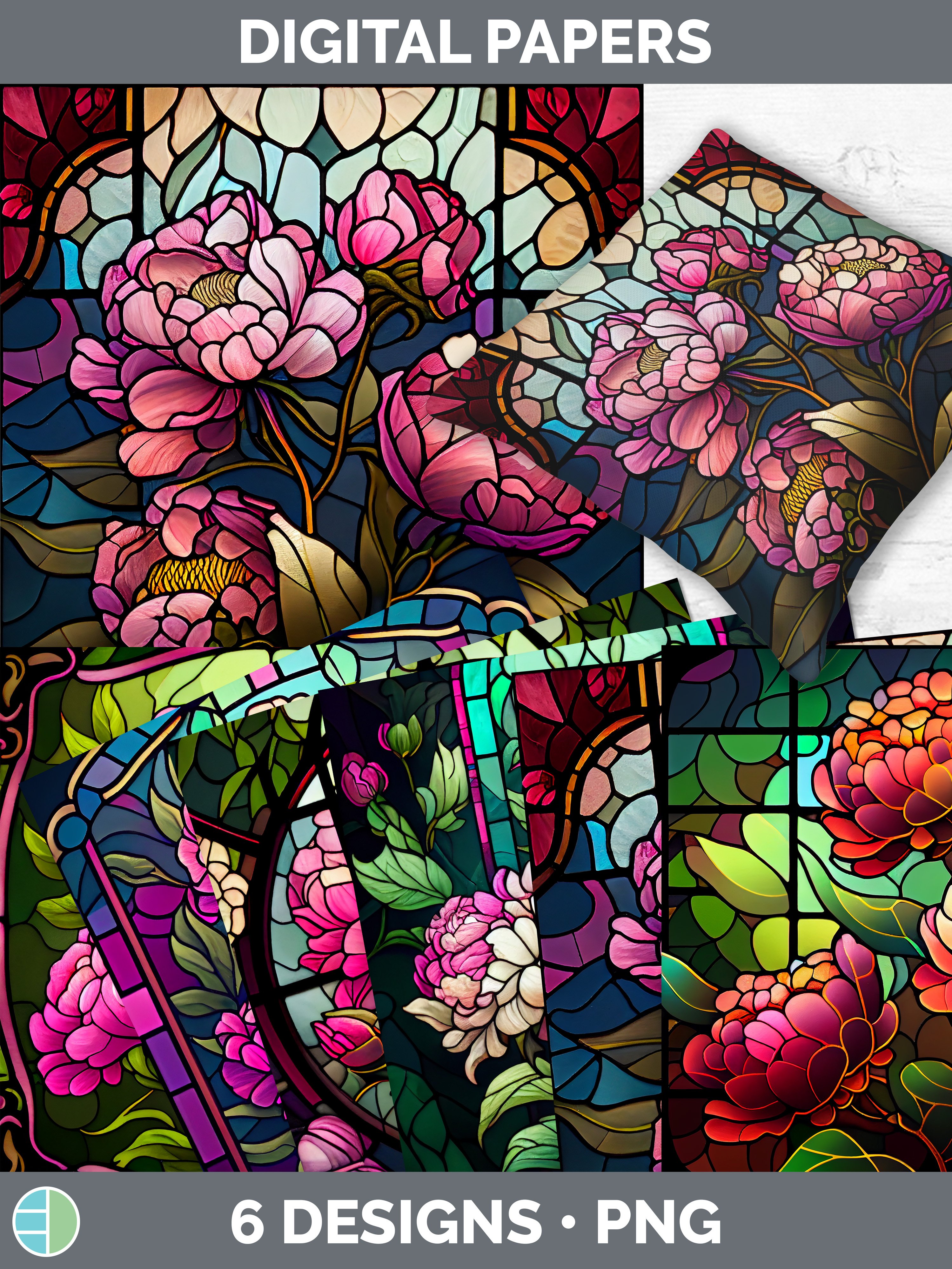 Stained Glass Peony Flowers Paper Backgrounds | Digital Scra