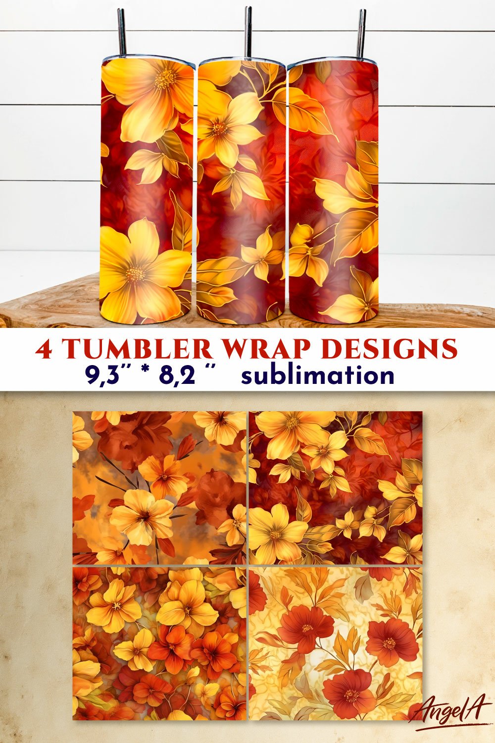 Autumn tumbler sublimation wrap / autumn flowers PNG