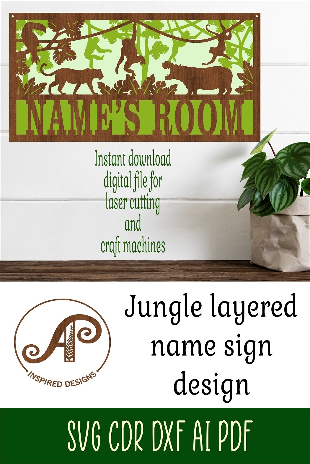 Jungle scene name sign SVG 3 layer laser cut template