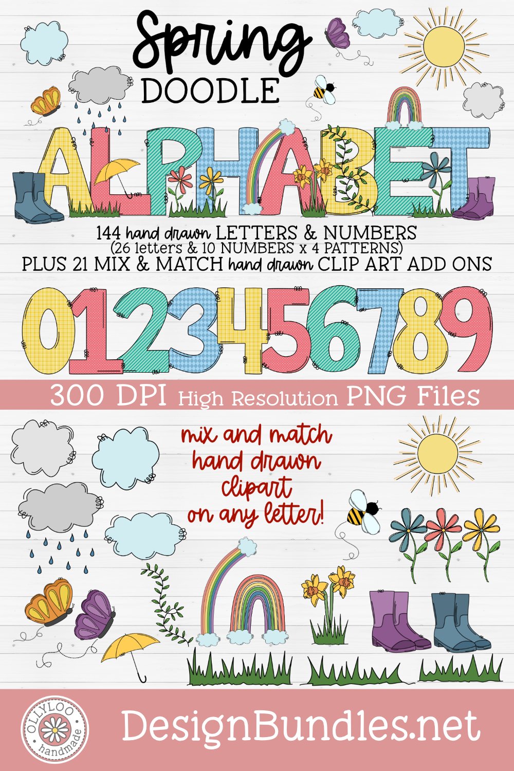 Spring Doodle Alphabet Bundle with Numbers & Clipart