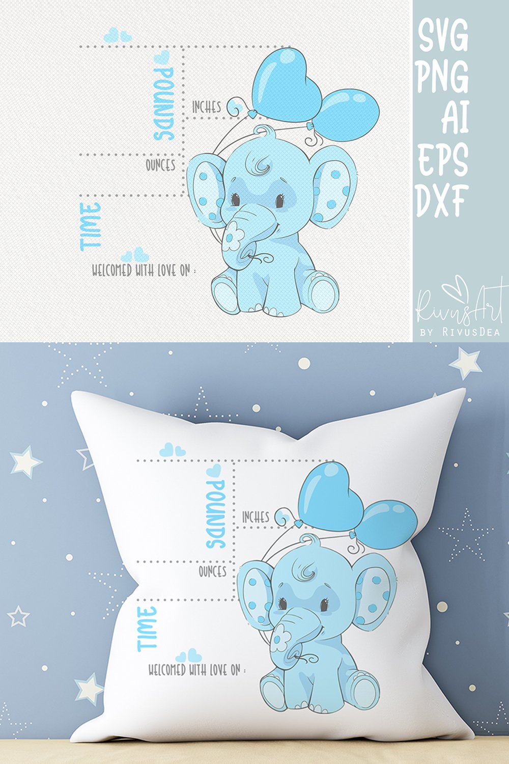 Elephant Birth Stats SVG download. Baby announcement boys.