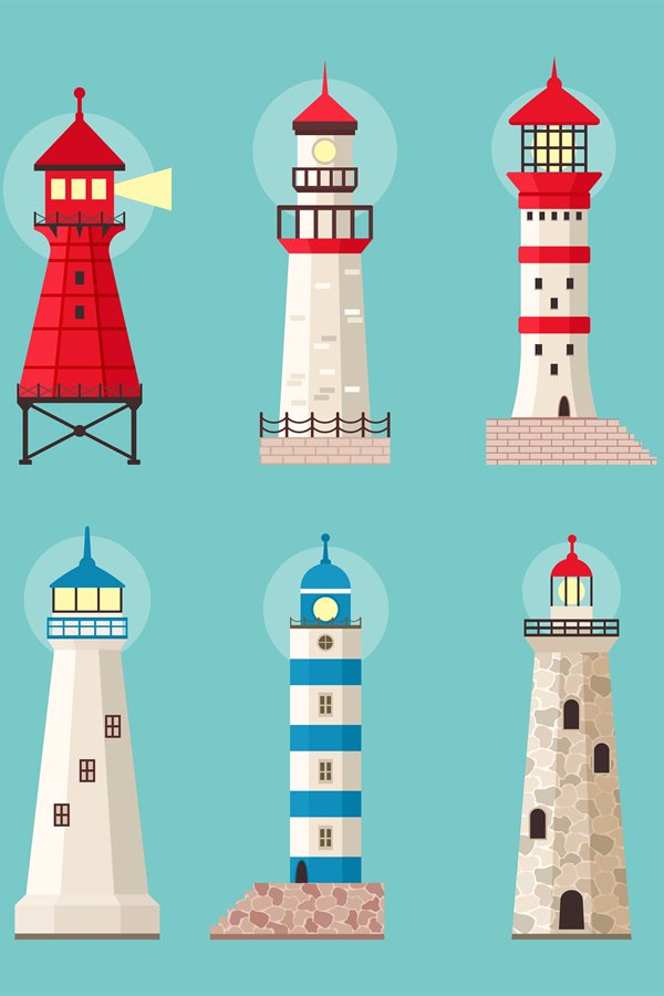 Beacon building. Lighthouses with searchlight, marine naviga