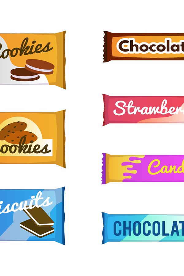 Vending products. Snack package. Fast food packs. Chocolate