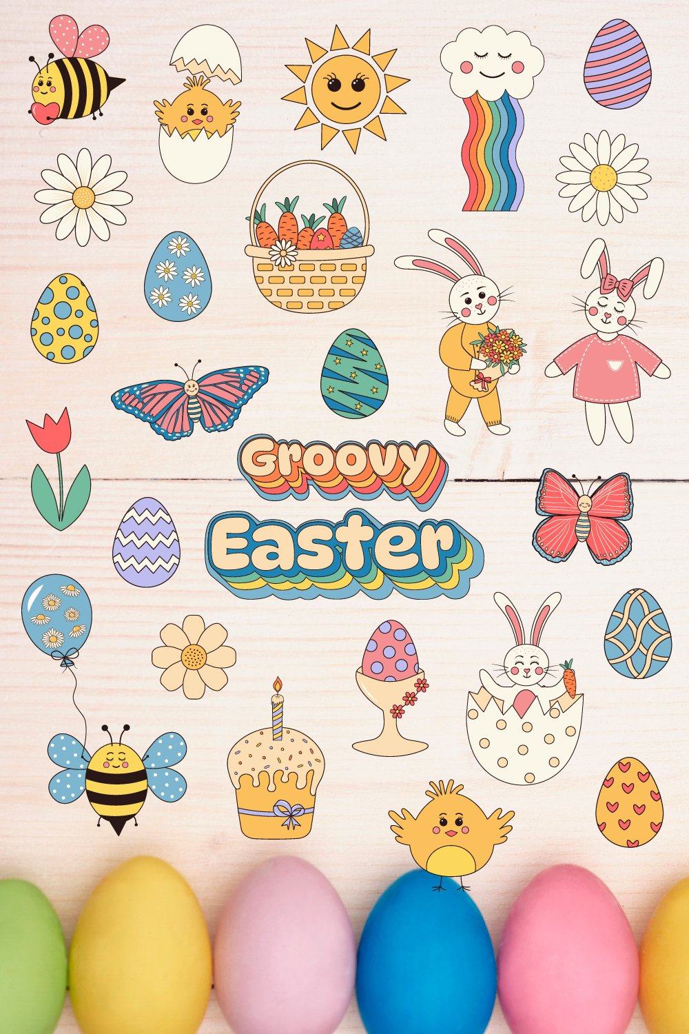 Retro groovy Easter clipart set