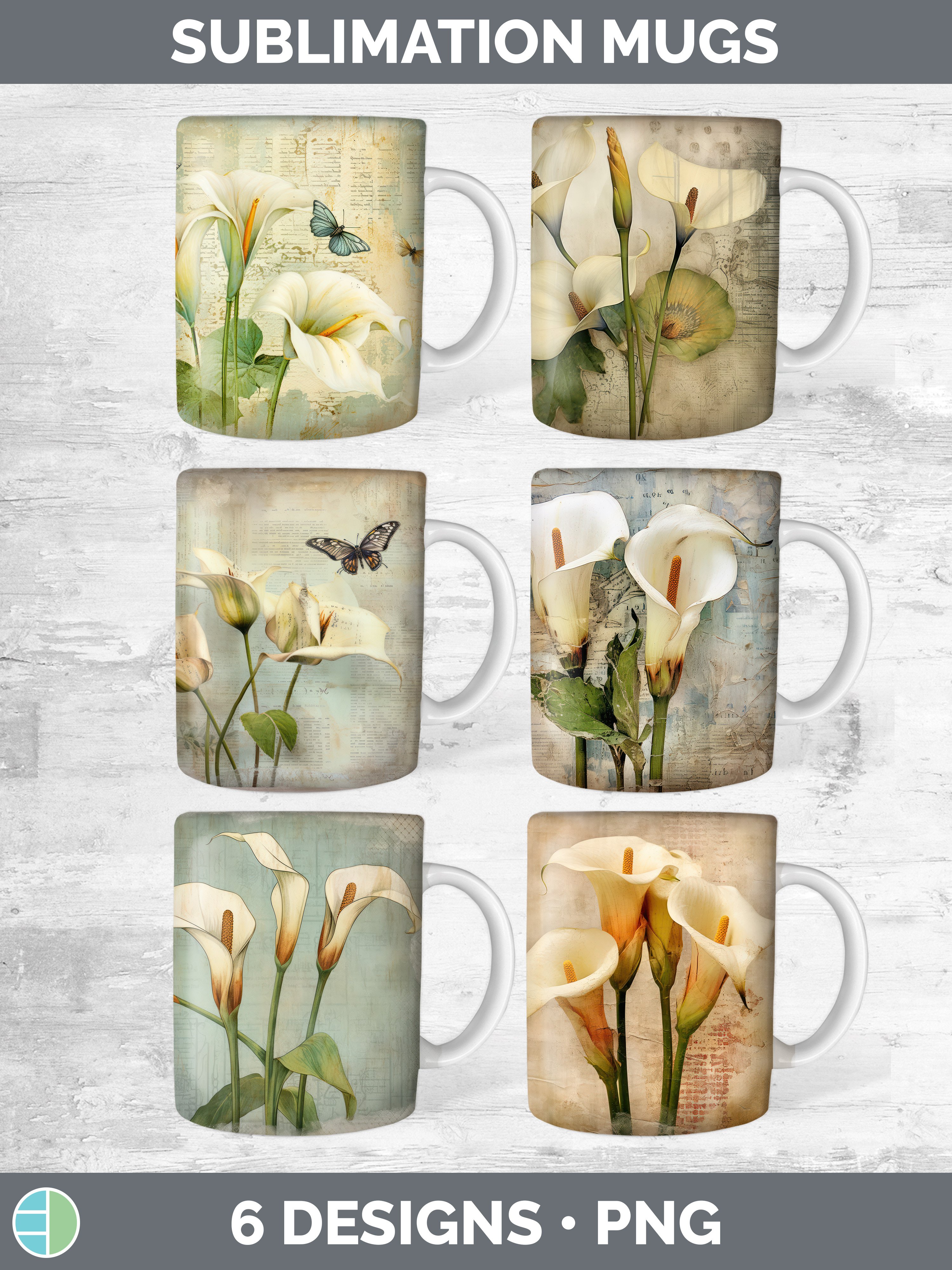 Vintage Calla Lily Flowers Mug Wrap | Sublimation Coffee Cup