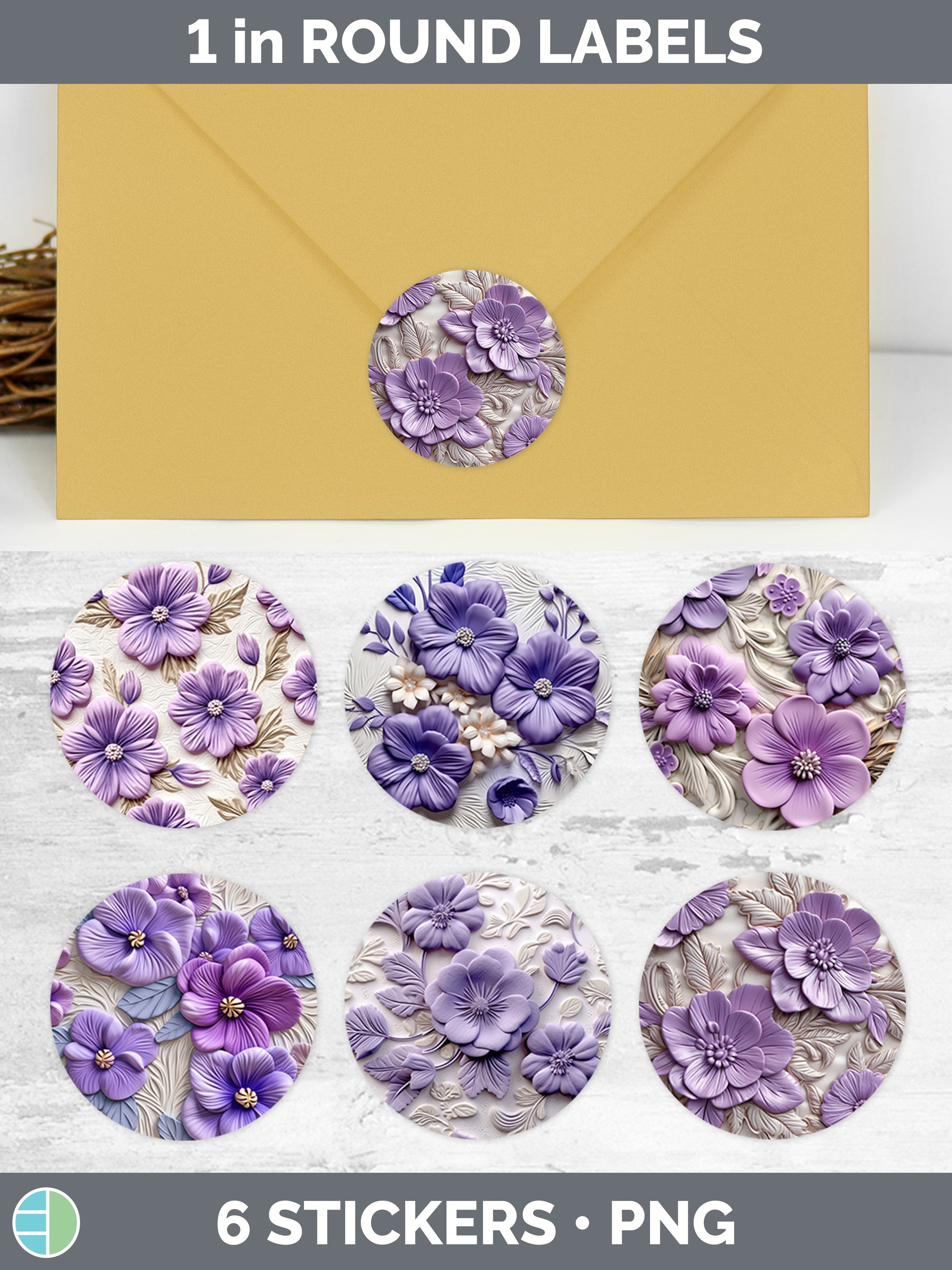 3D Violet Flowers Stickers | Round Labels Designs Bundle