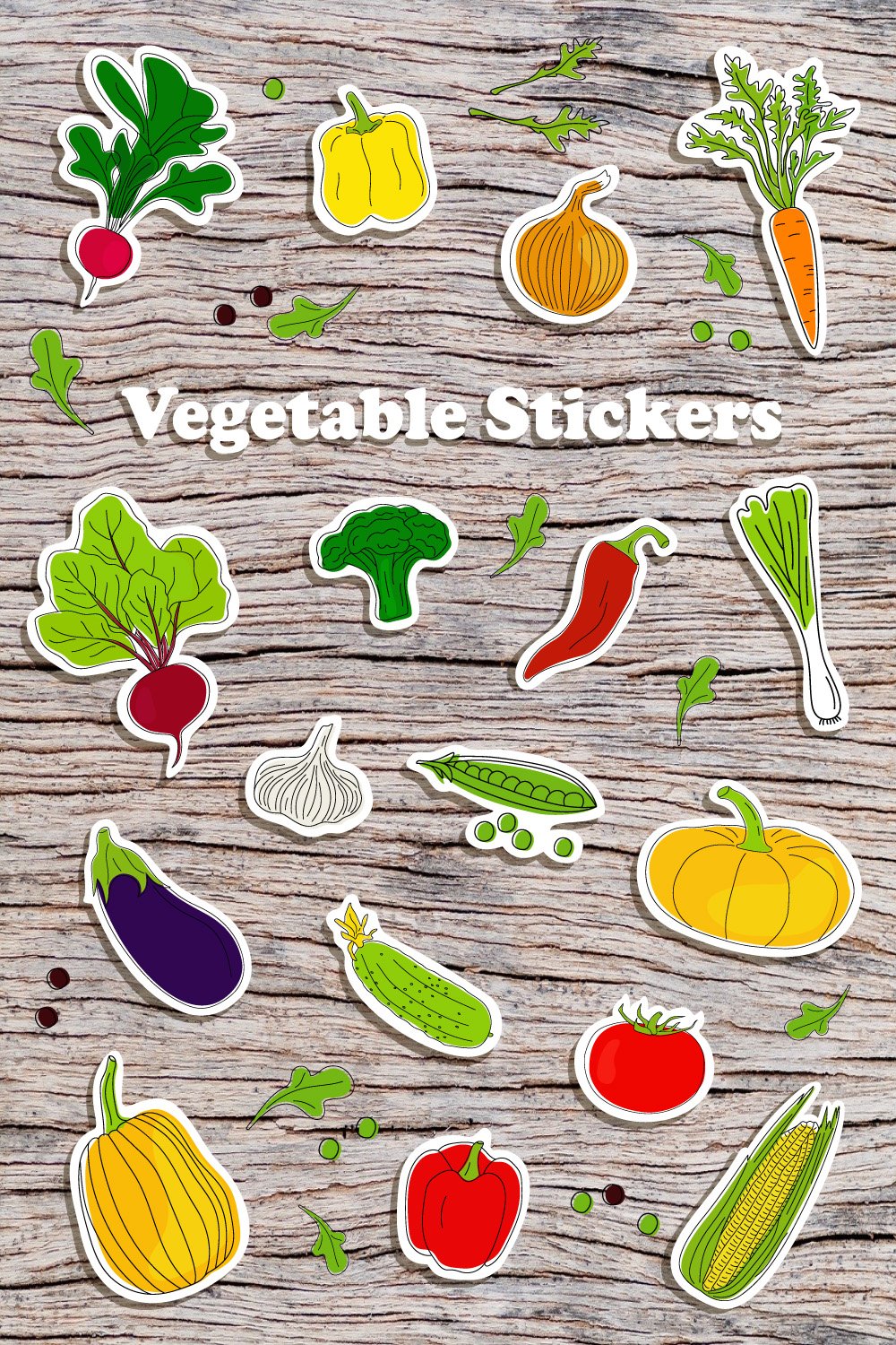 17 Hand drawn vegetable stickers for cutting machines.