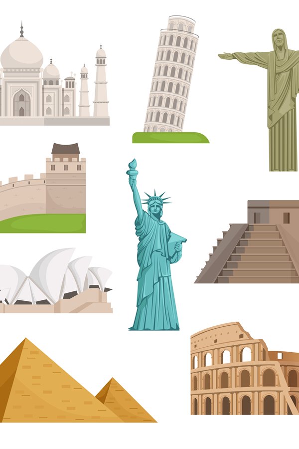 Different historical famous landmarks. World places. Vector